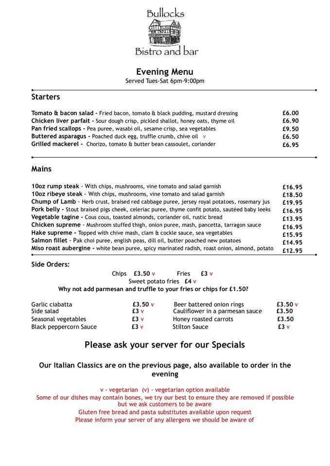 Menu at Bullocks Bistro and bar, Droitwich Spa