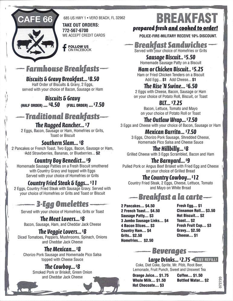 Menu at Cafe 66, Vero Beach, 685 US-1