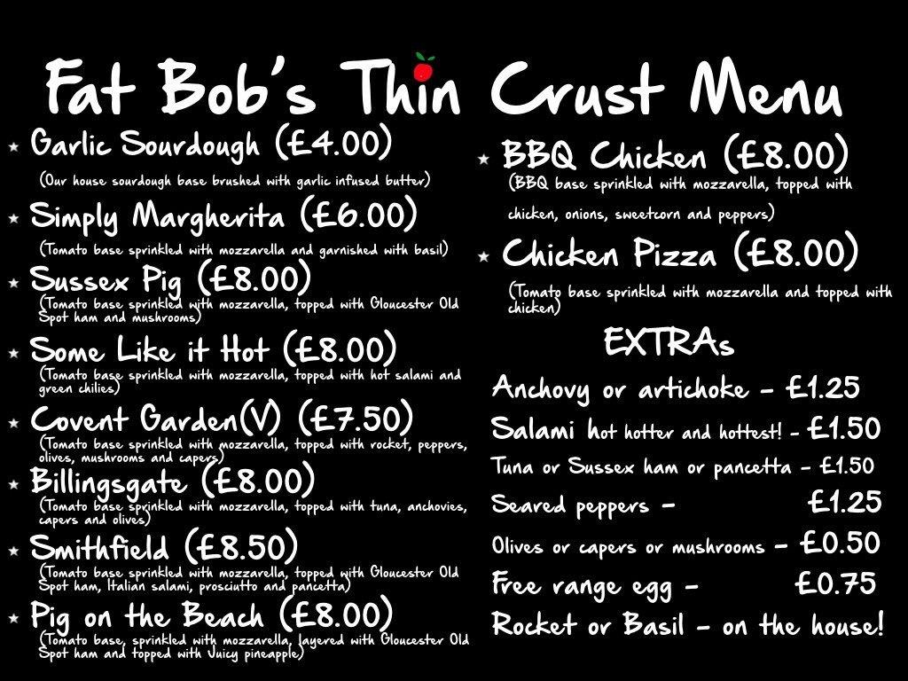 Carta de pizzería Fat Bobs Thin Crust, Ashtead