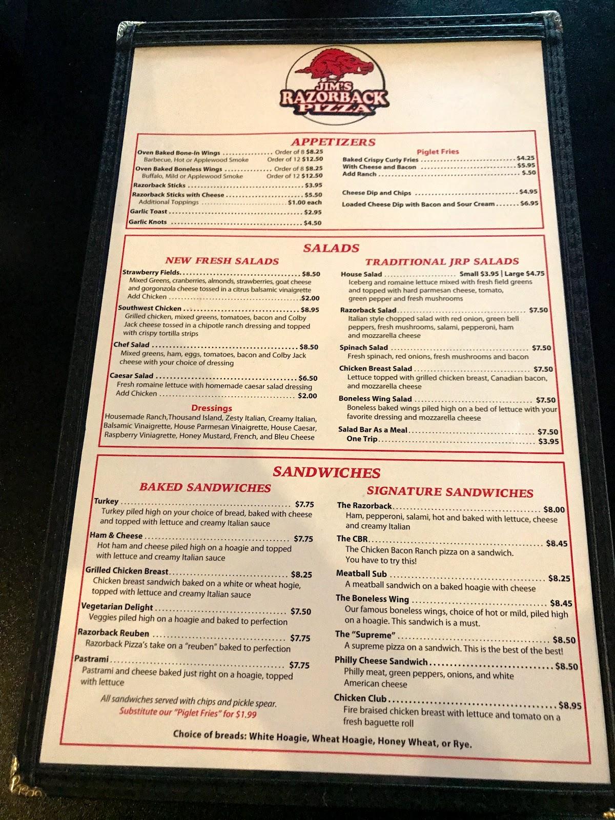 Menu at Jim's Razorback Pizza pizzeria, Little Rock, Cantrell Rd #109