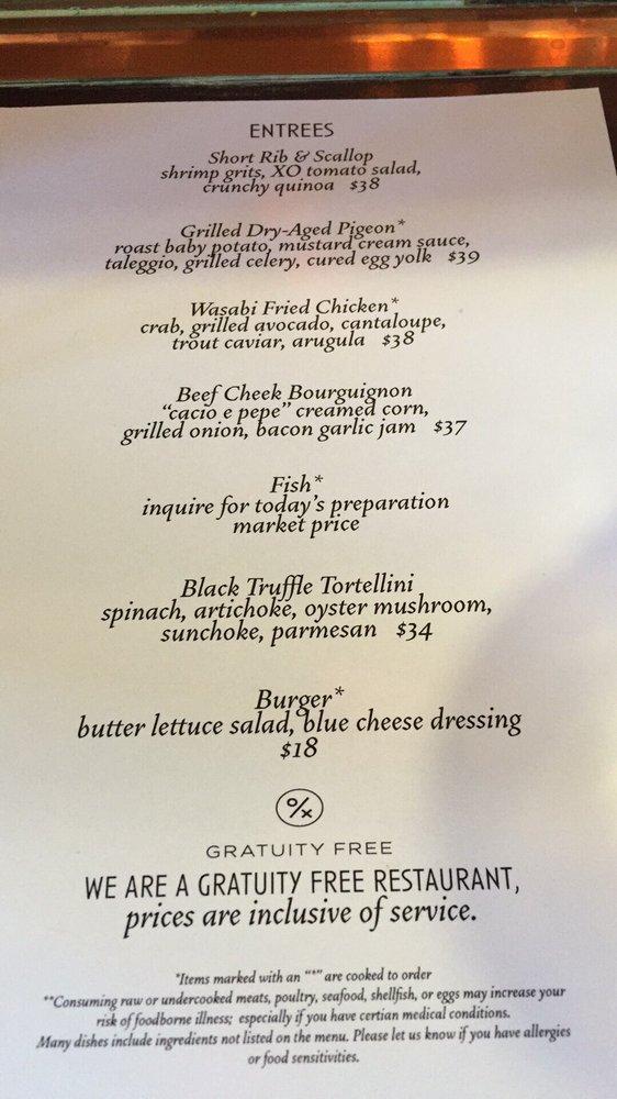 Menu at Le Pigeon restaurant, Portland