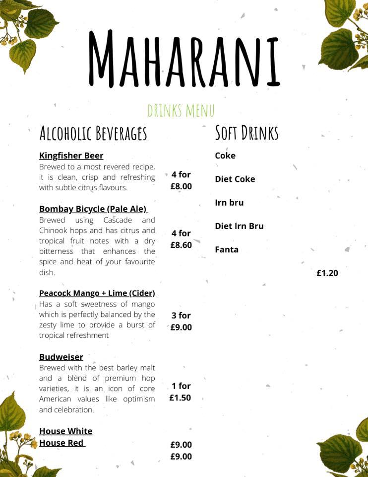 Menu at Maharani restaurant, Troon