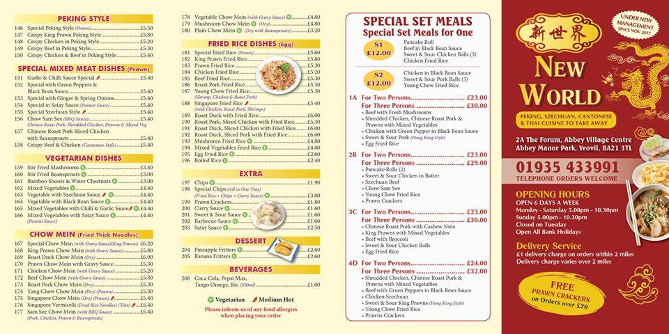 Menu at New World Chinese Takeaway fast food, Yeovil