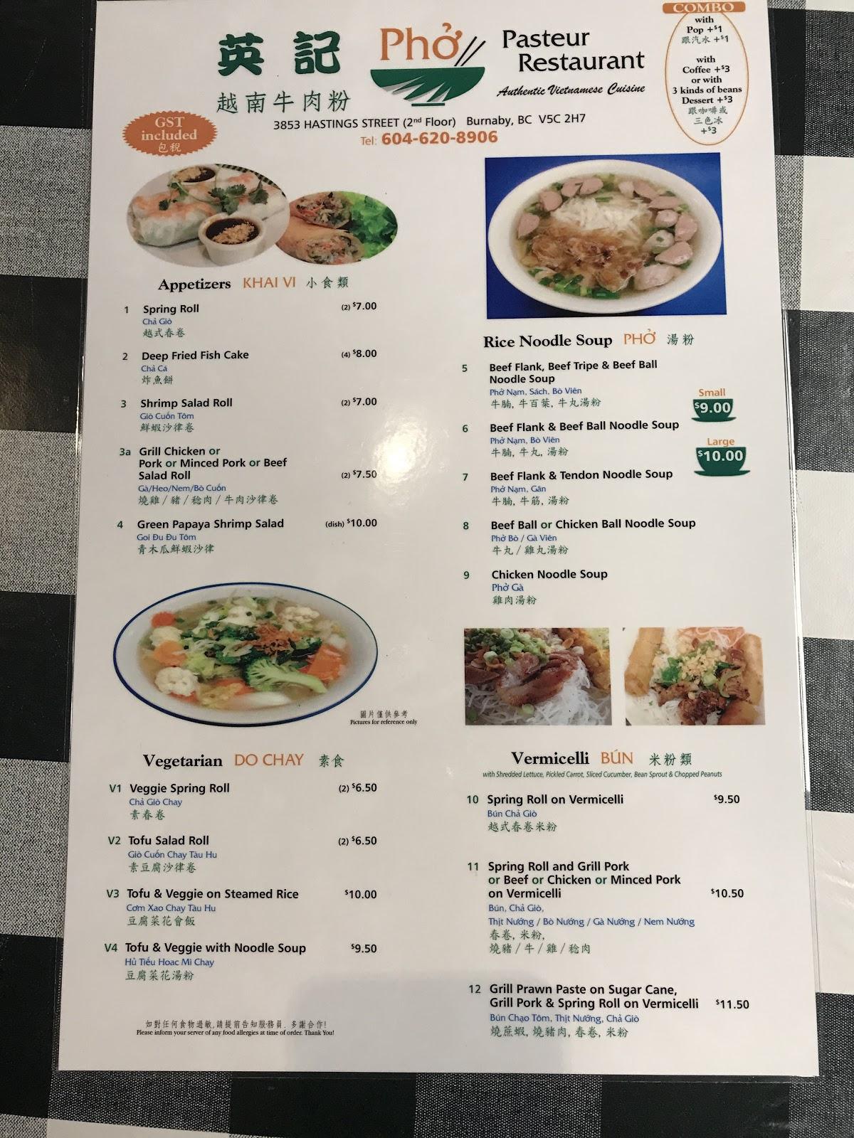 Menu at Phở Pasteur Restaurant, Burnaby