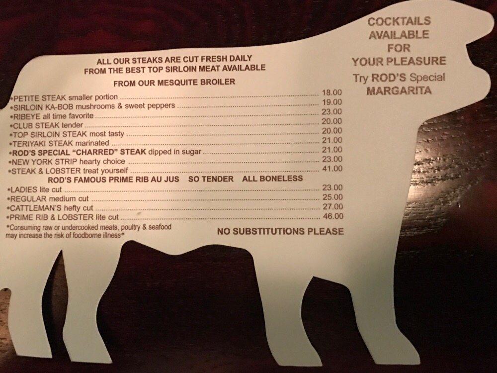 Menu at Rod's Steak House steakhouse, Williams