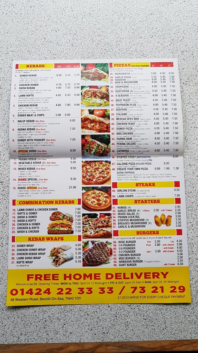 Menu at Rose Kebab fast food, Bexhill