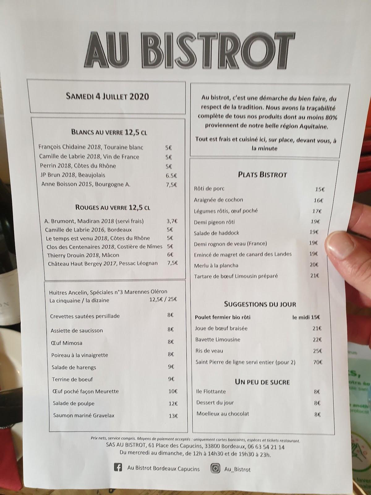 Menu at Au Bistrot restaurant, Bordeaux