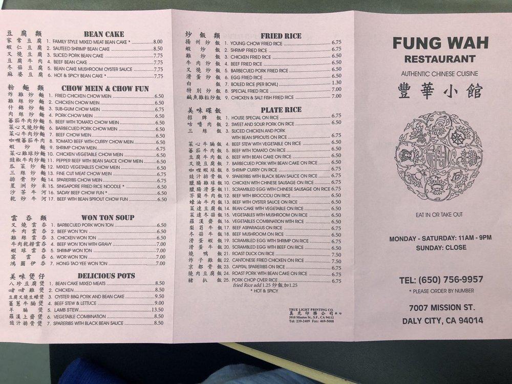 Menu at Fung Wah Restaurant, Daly City
