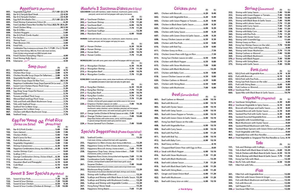 Menu at Happiness restaurant, Chicago, S Halsted St