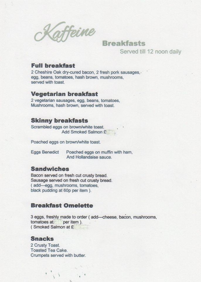 Menu at Kaffeine cafe, Penkridge
