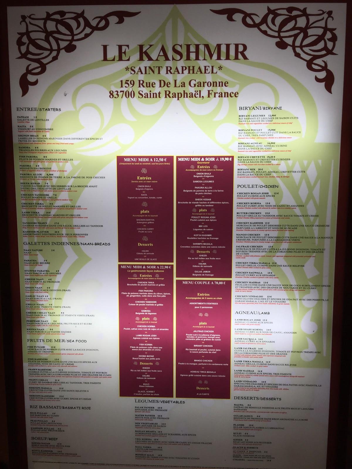Menu au Le Kashmir restaurant, Saint-Raphaël