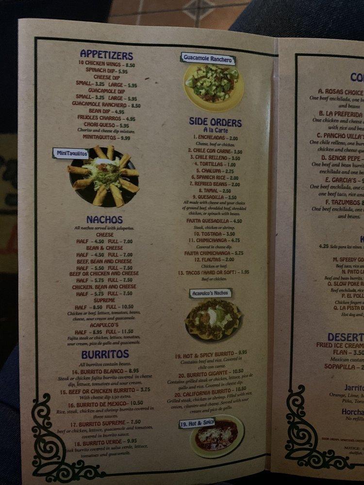 Menu at Mariachi's Mexican Grill restaurant, Gulf Breeze