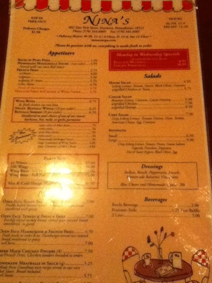 Menu at Nina's Wing Bites & Pizza Dunmore pizzeria, Dunmore