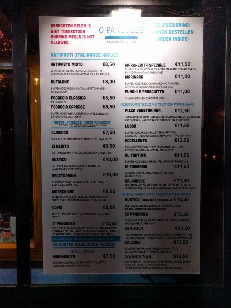 Menu at O'Panuozzo, Utrecht