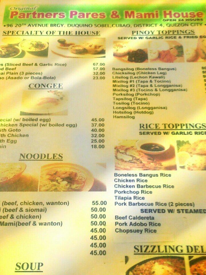 Menu at Original Partners Pares and Mami House, Quezon City