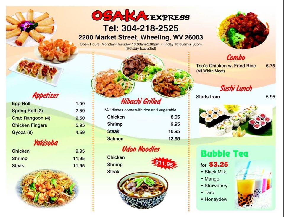 Menu at Osaka Express restaurant, Wheeling