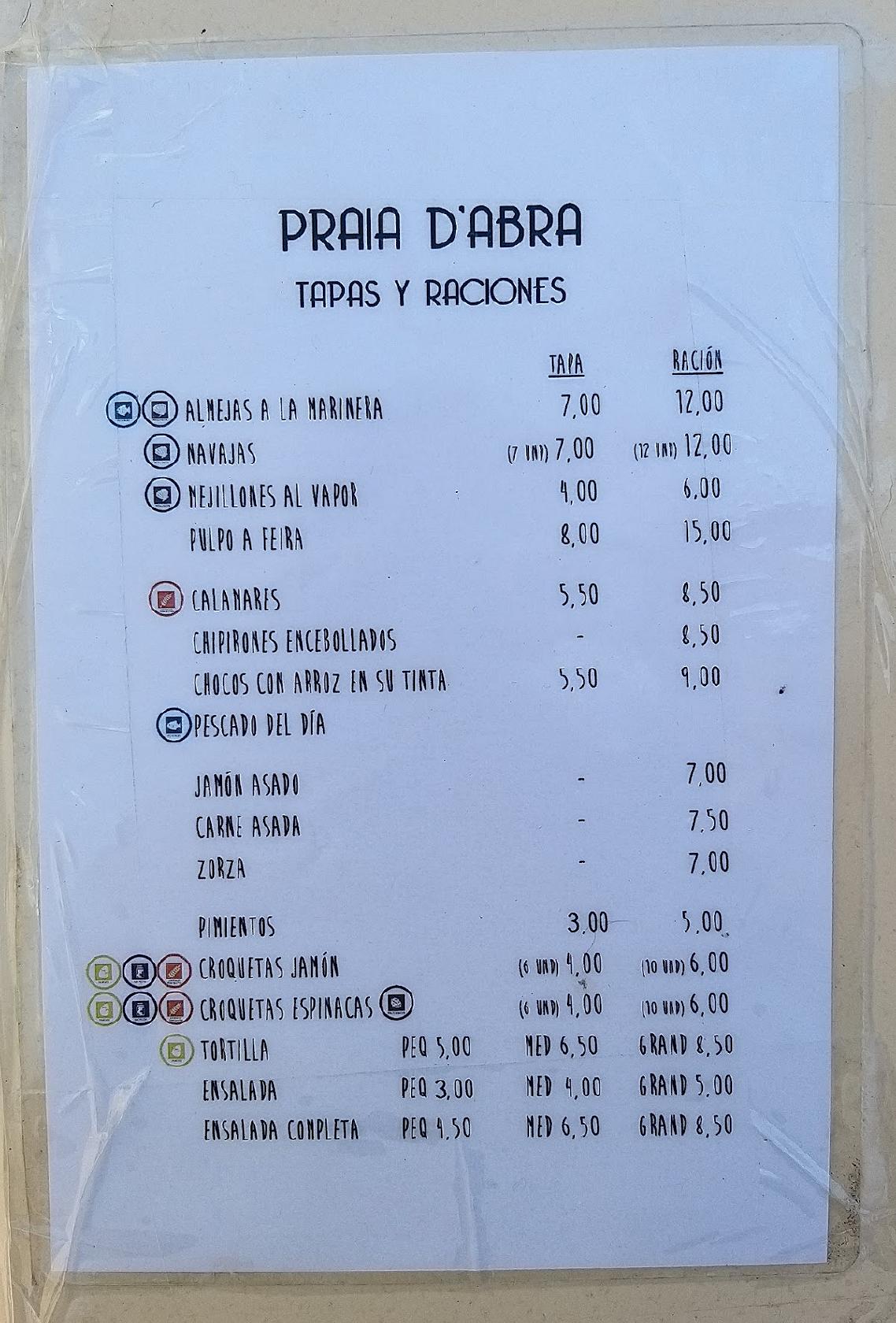 Carta de Restaurante Playa De Abra, Nigrán