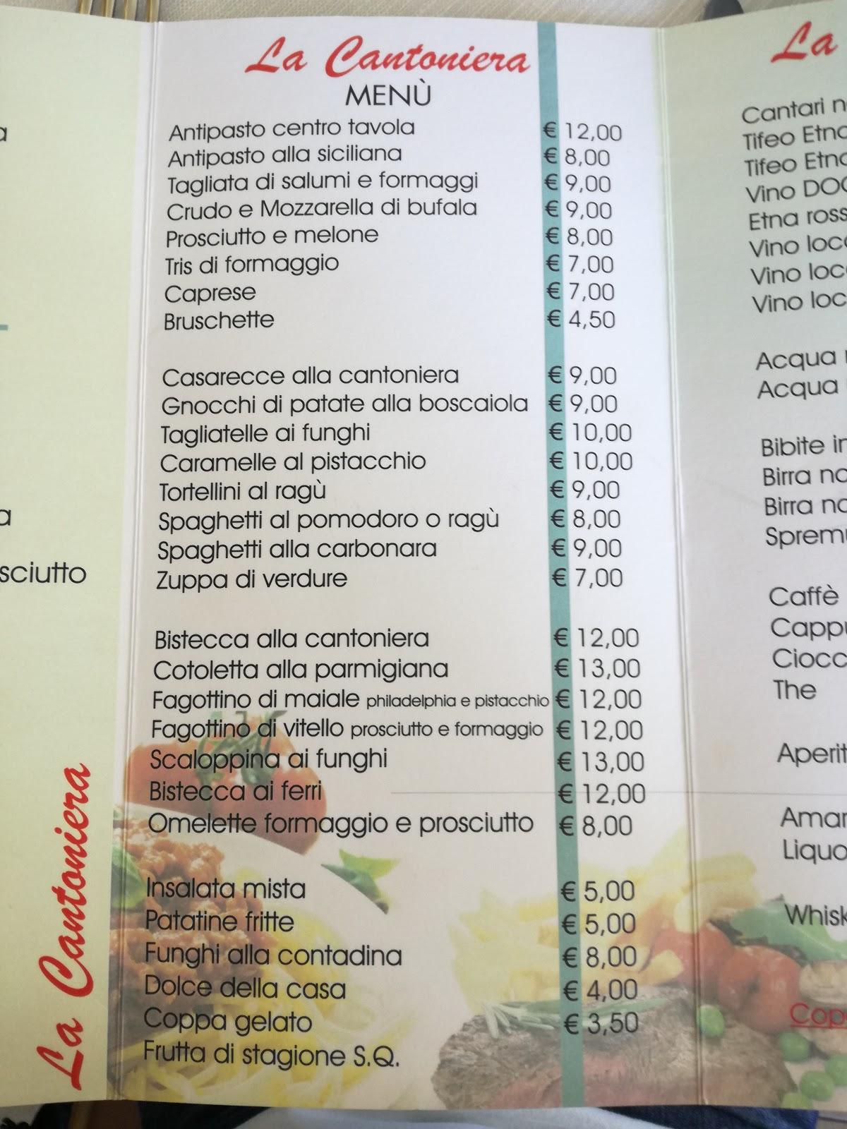 Menu at Ristorante La Cantoniera Etna, Italy, P.le Cantoniera