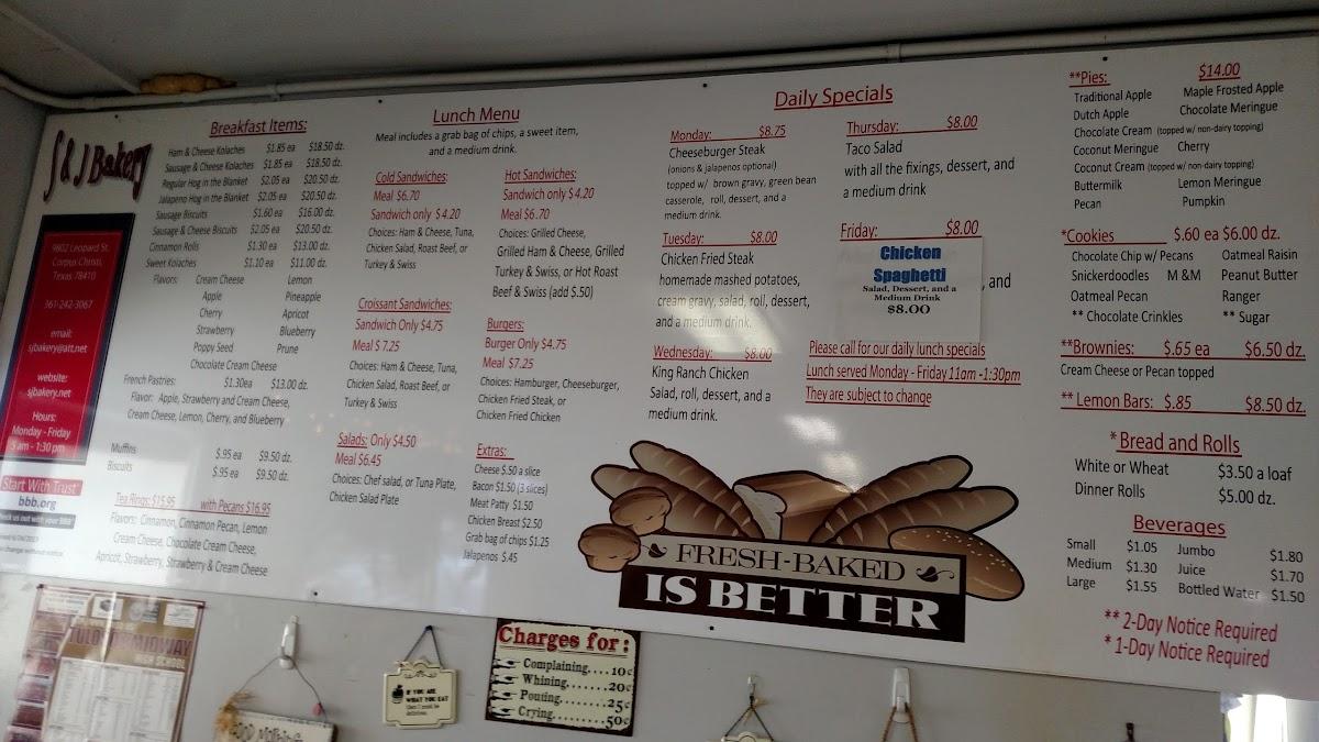 Menu at S & J Bakery, Corpus Christi