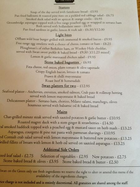 Menu at Swan on the Green pub & bar, England