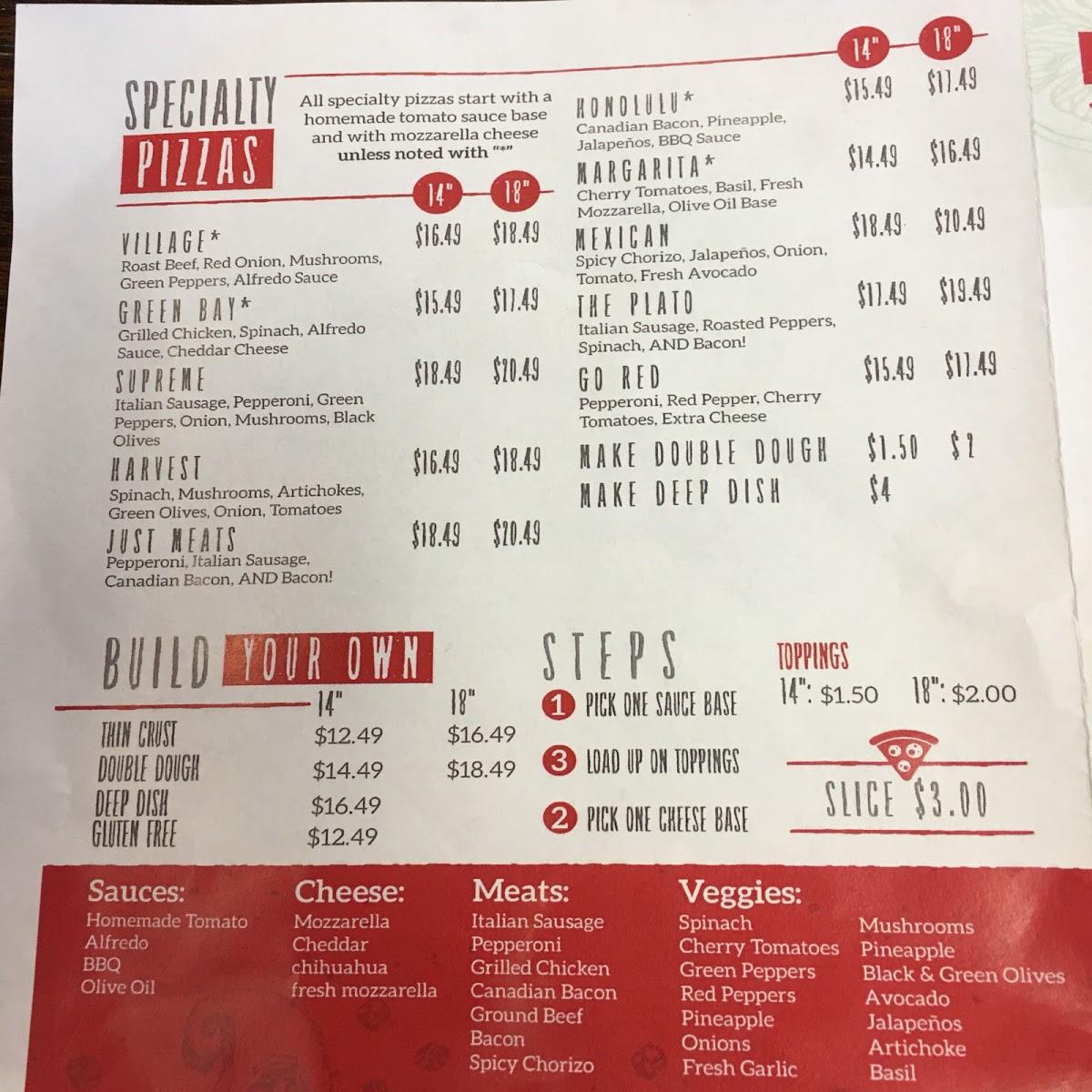 Menu at Village Pizza pizzeria, Madison, University Ave