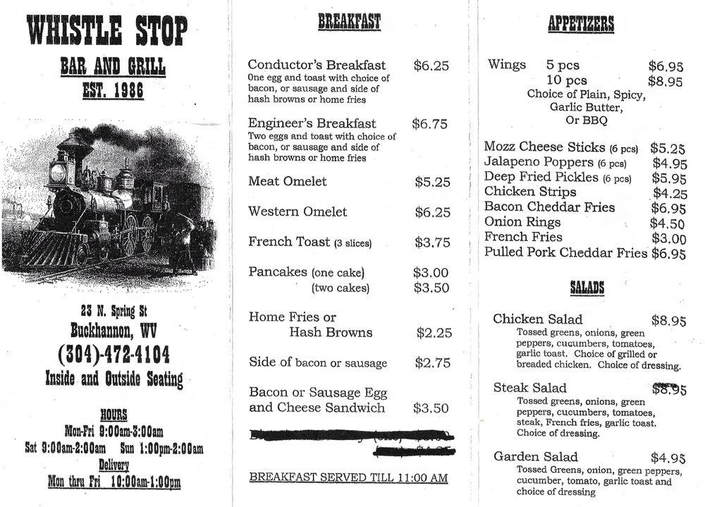 Menu at Whistle Stop Bar and Grill, Buckhannon