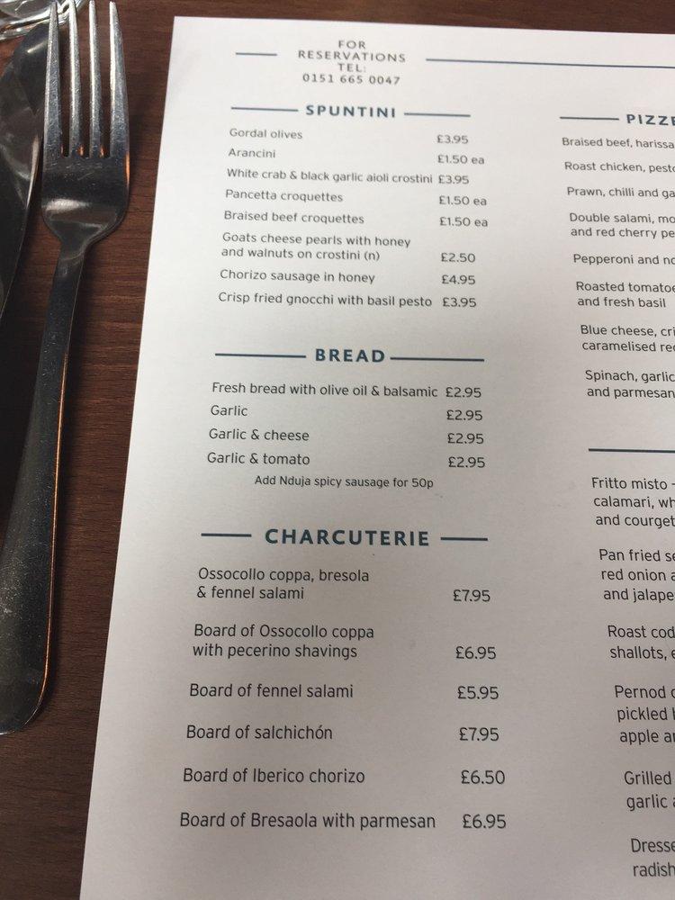 Menu at Bacaro pub & bar, Liverpool