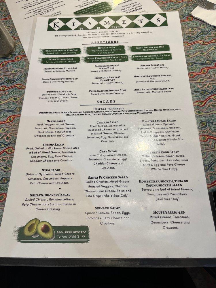 Menu at Kismet's Restaurant, Brandon
