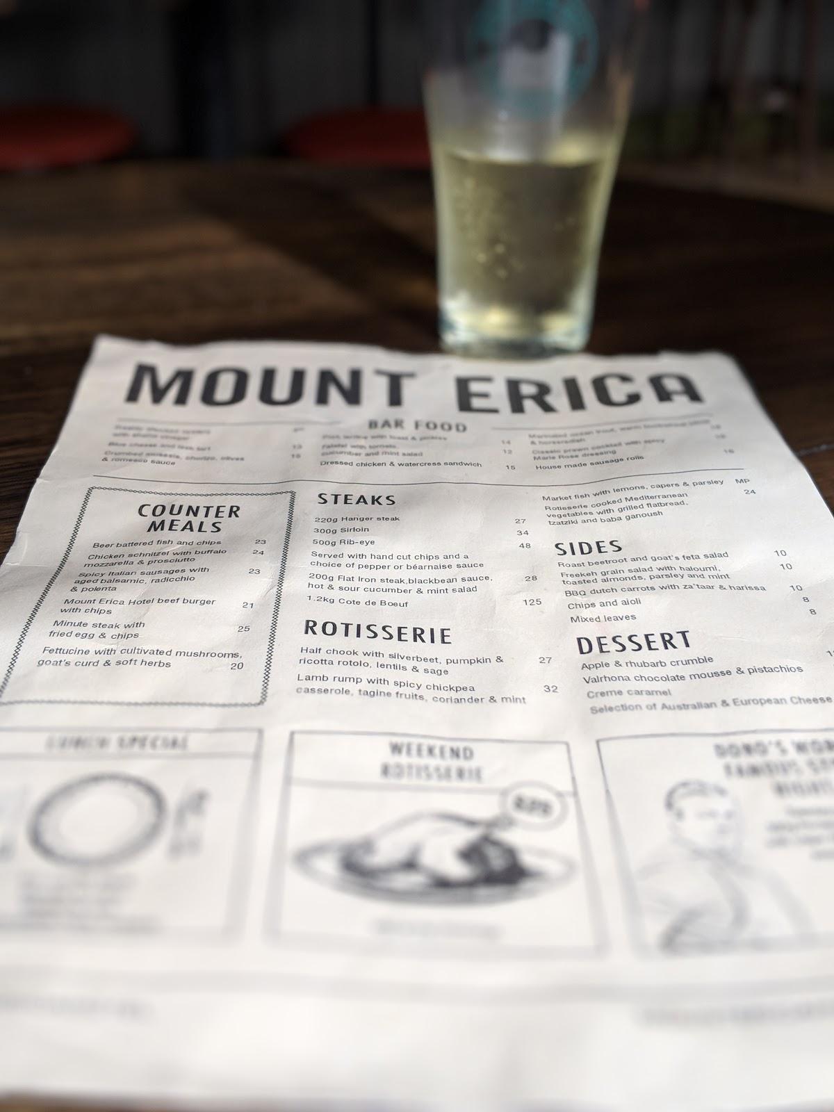 Menu at Mount Erica Hotel pub & bar, Prahran