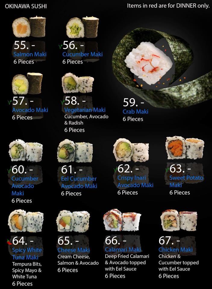 Menu at Okinawa Sushi restaurant, Owen Sound