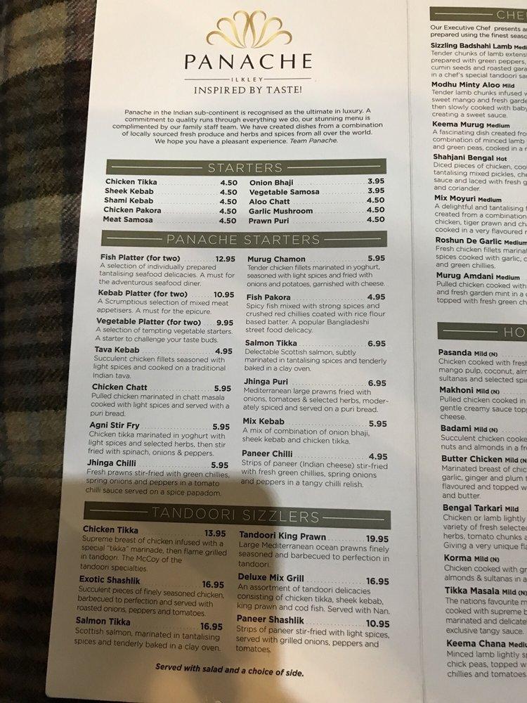 Menu at Panache restaurant, Ilkley