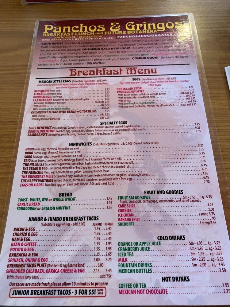 Menu at Panchos & Gringos cafe, San Antonio