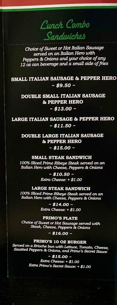 Menu at Primo's Italian Street Food restaurant, Franklin Square