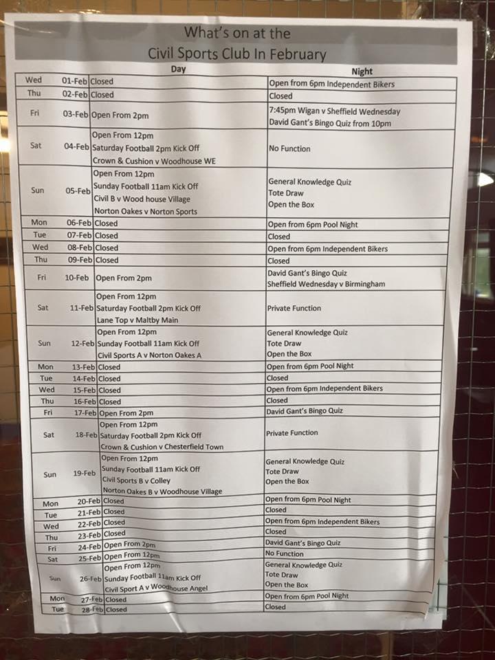 Menu at Civil Sports Club, Sheffield