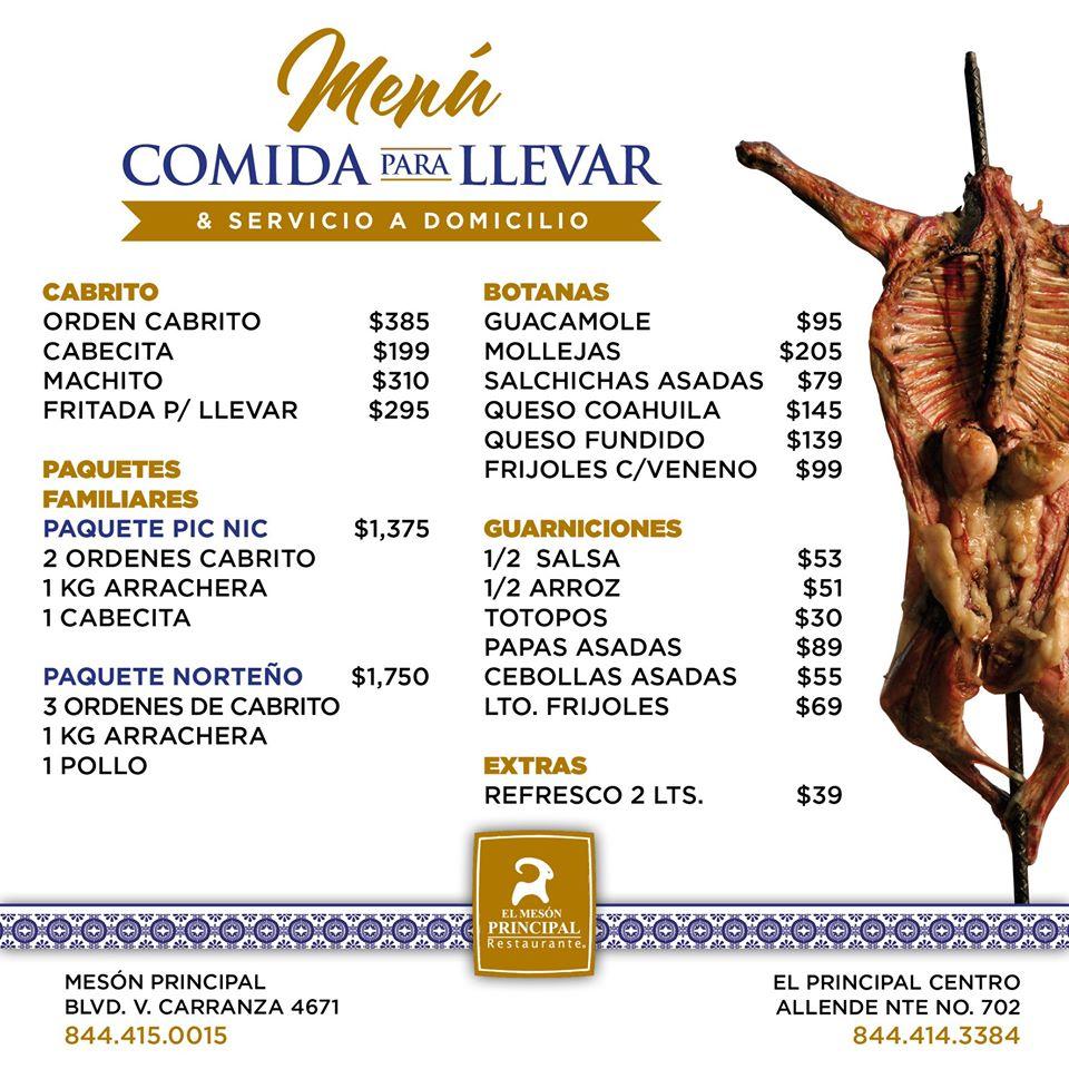 Menu at El Mesón Principal restaurant, Saltillo