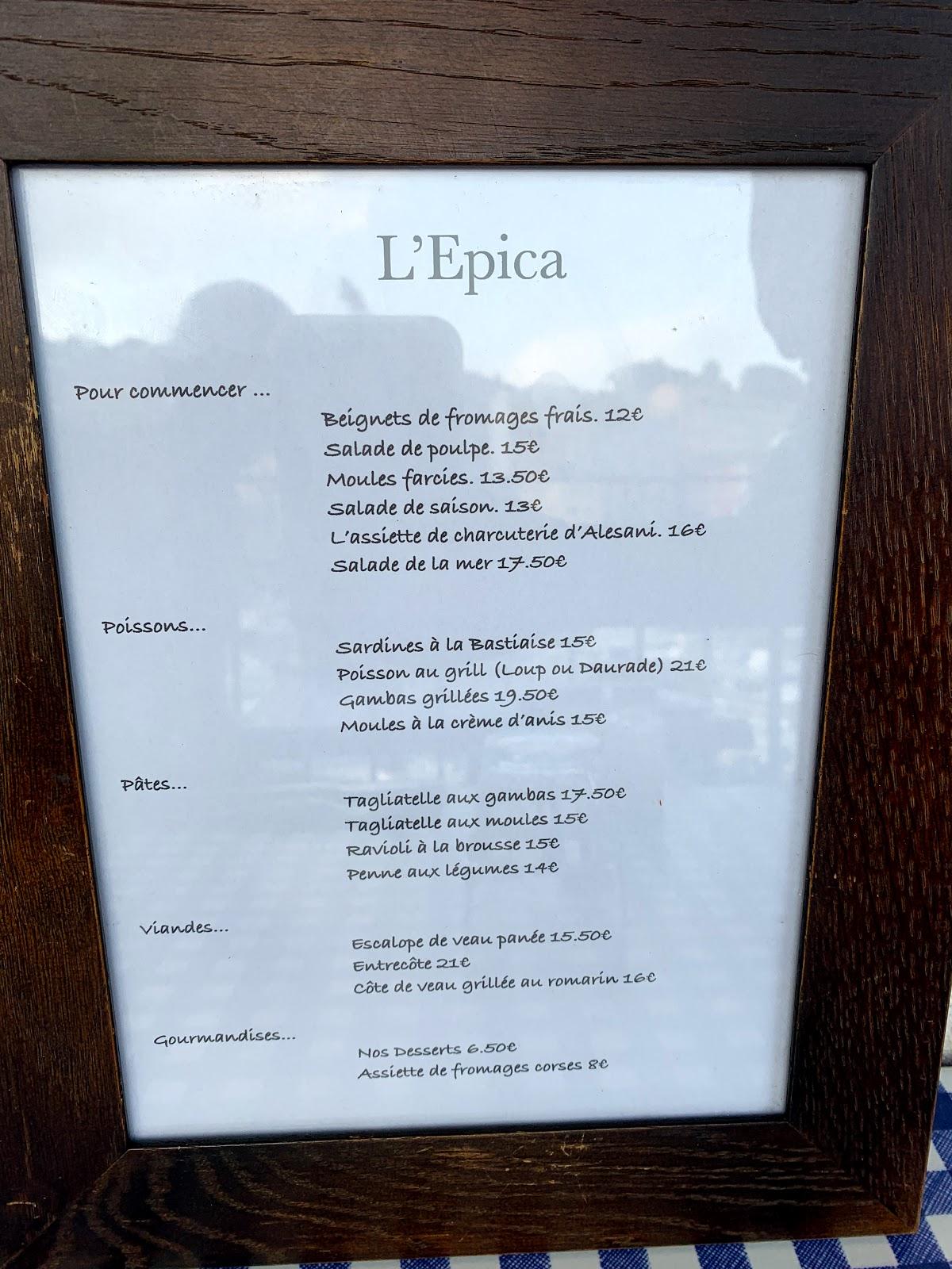 Menu at L'Epica restaurant, Bastia