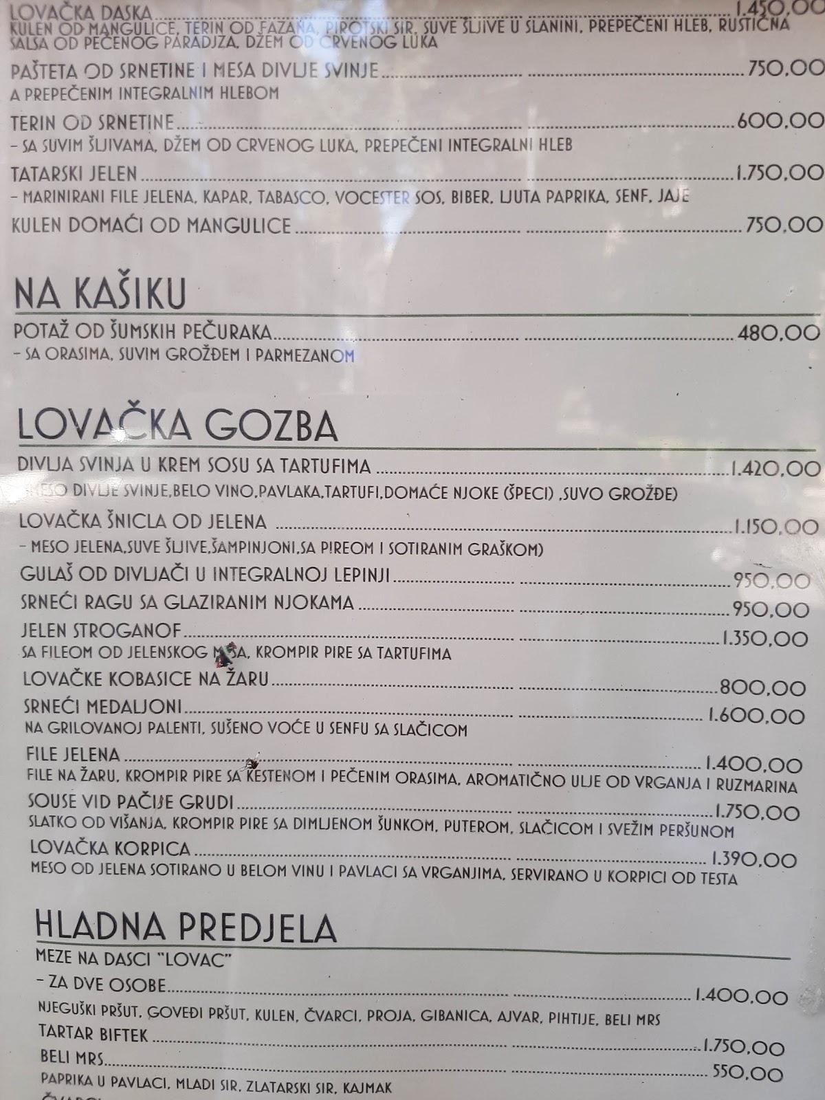 Menu at Lovac restaurant, Belgrade