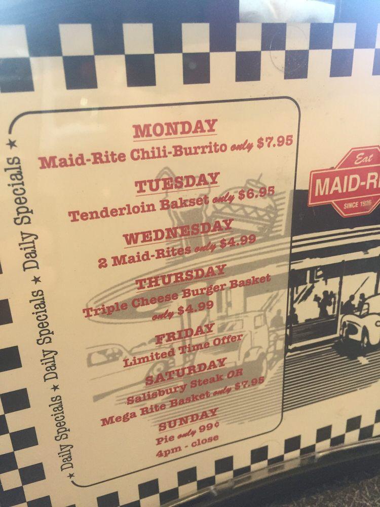 Menu at Maid-Rite restaurant, East Moline