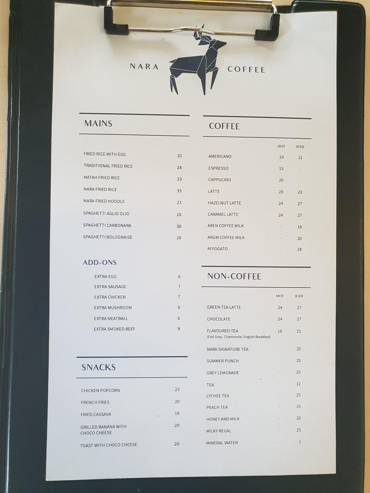 Menu at Nara Coffee cafe, Tangerang