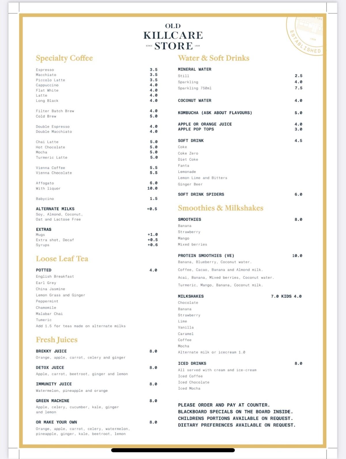 Menu at Old Killcare Store restaurant, Killcare