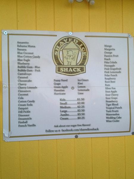 Menu at Shaved Ice Shack, Abilene