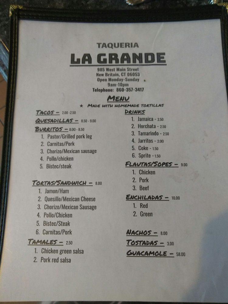 Menu at Taqueria La Grande (New Britain) restaurant, New Britain