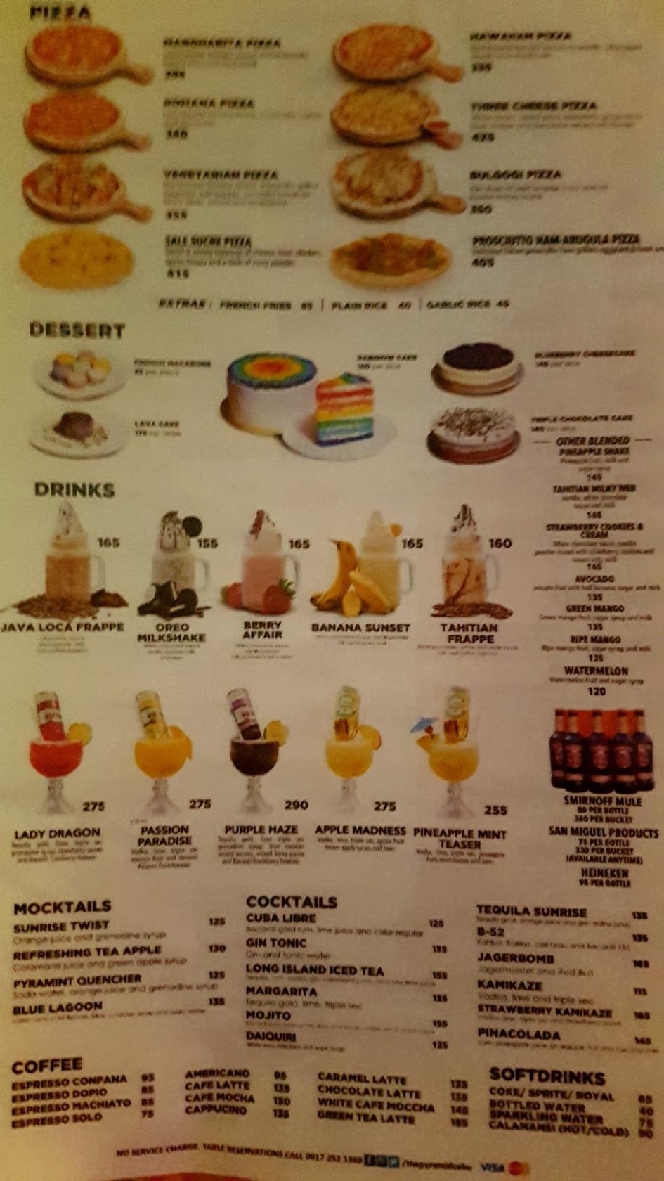 Menu at The Pyramid restaurant, Cebu City