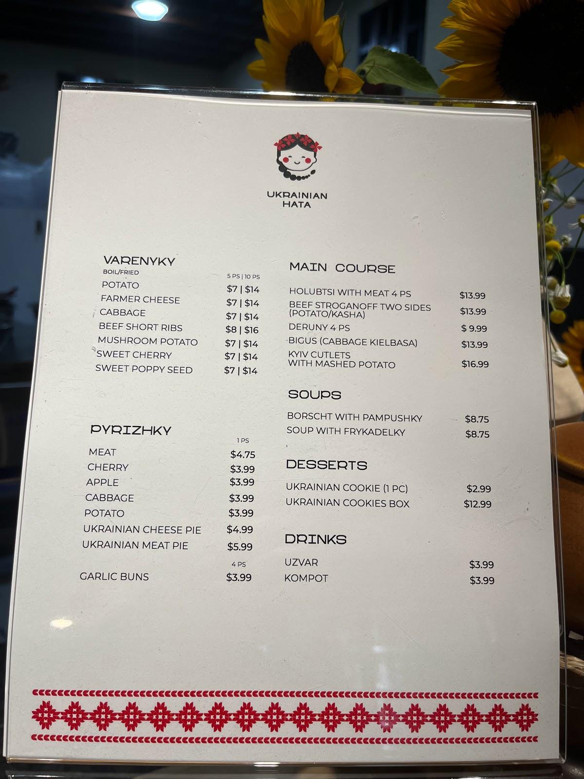 Menu at Ukrainian Hata restaurant, Jersey City