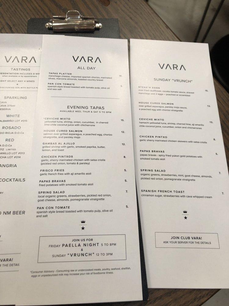 Menu at VARA Winery & Distillery restaurant, Albuquerque
