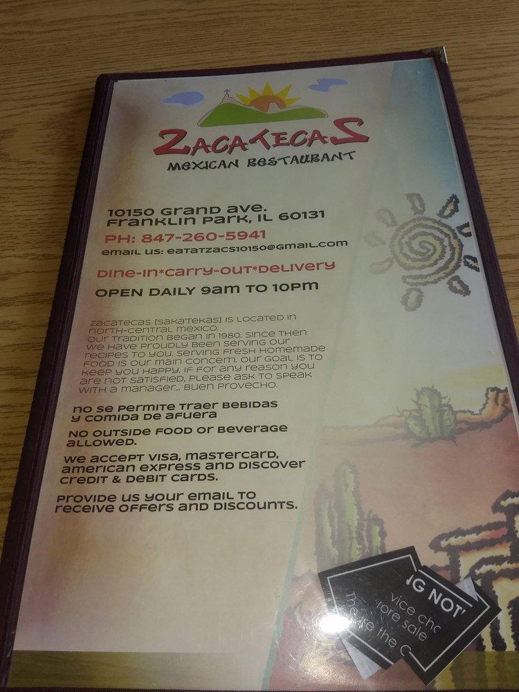 Menu at Zacatecas Mexican Restaurant, Franklin Park, Grand Ave