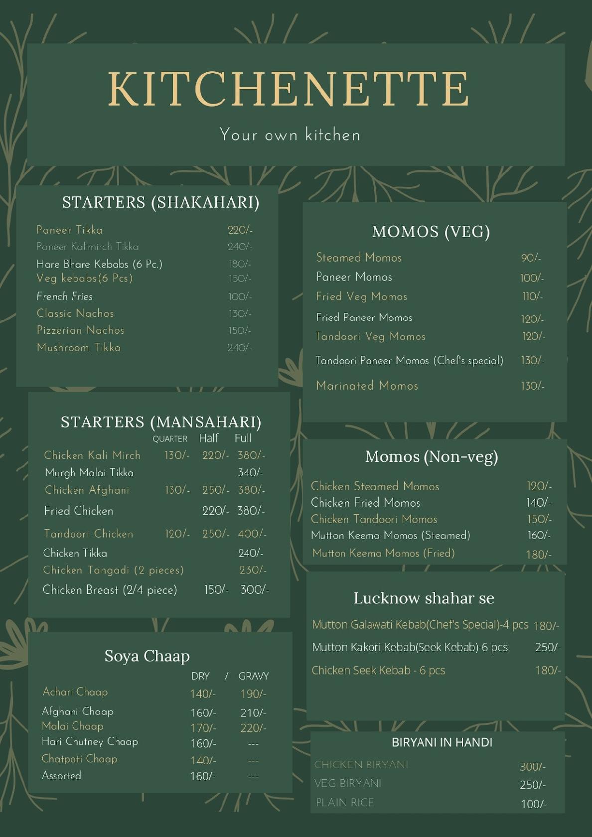 Menu at Kitchenette Your Own Kitchen, Kanpur