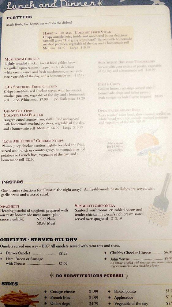Menu at Oscar's Classic Diner steakhouse, Jefferson City
