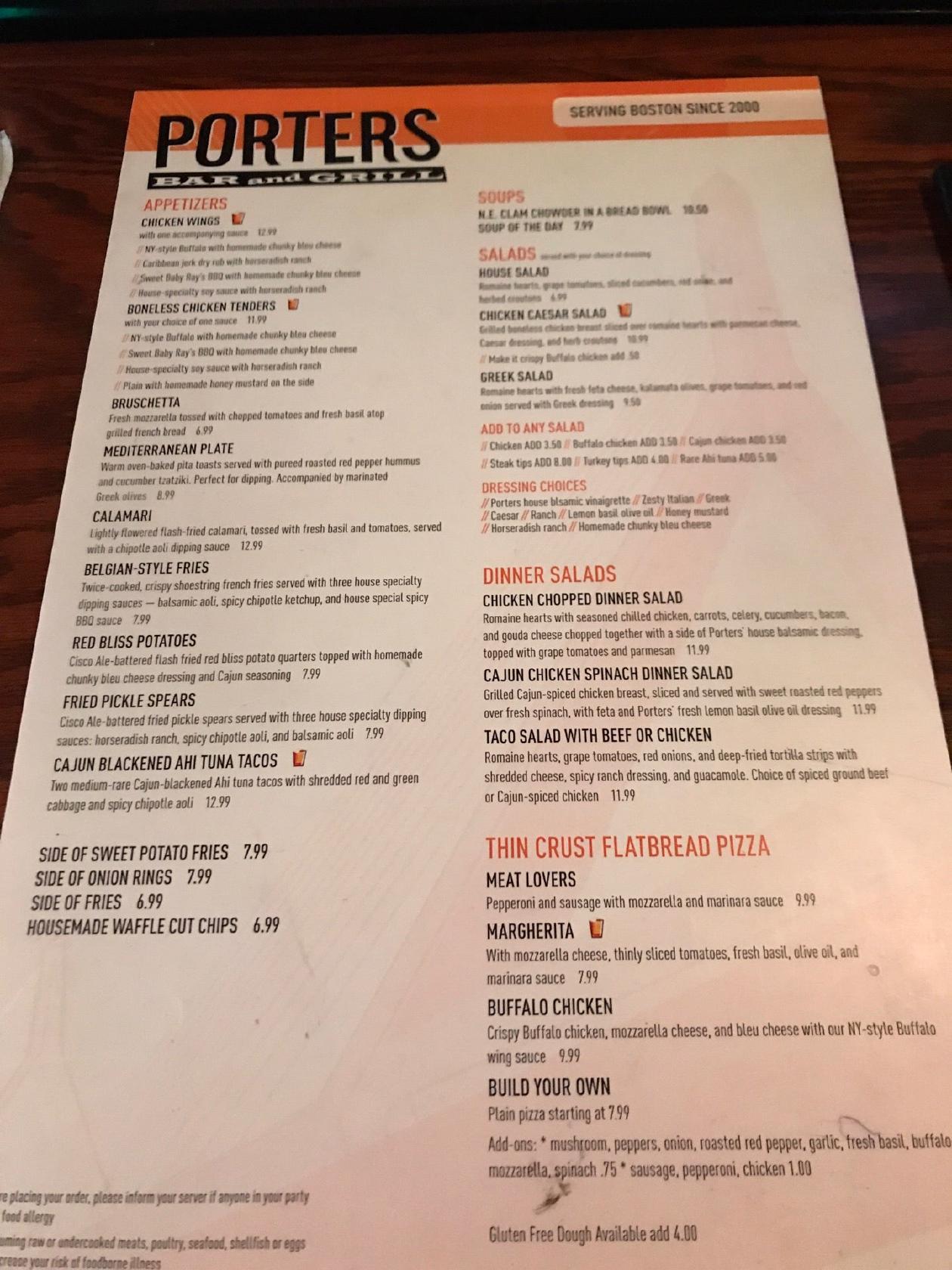 Menu at Porters Bar and Grill, Boston, 173 Portland St