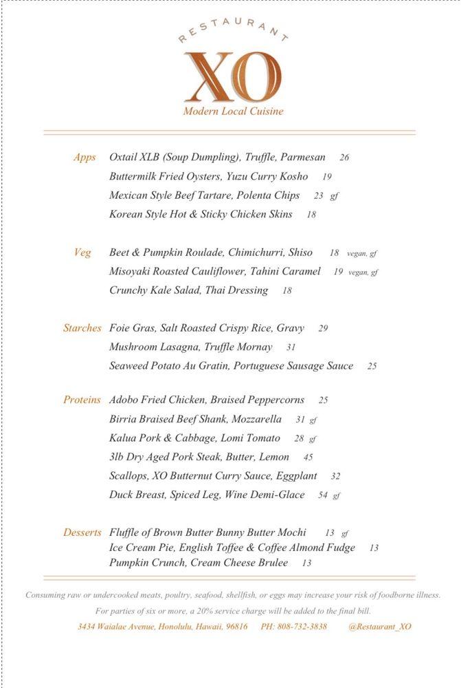 Menu at Restaurant XO, Honolulu